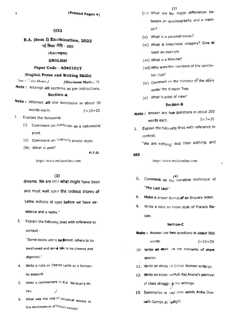 Ba 1 Sem English English Prose and Writing Skills 503 2022 | PDF