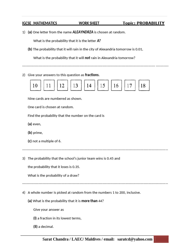 Probability Work Sheet-1 | PDF