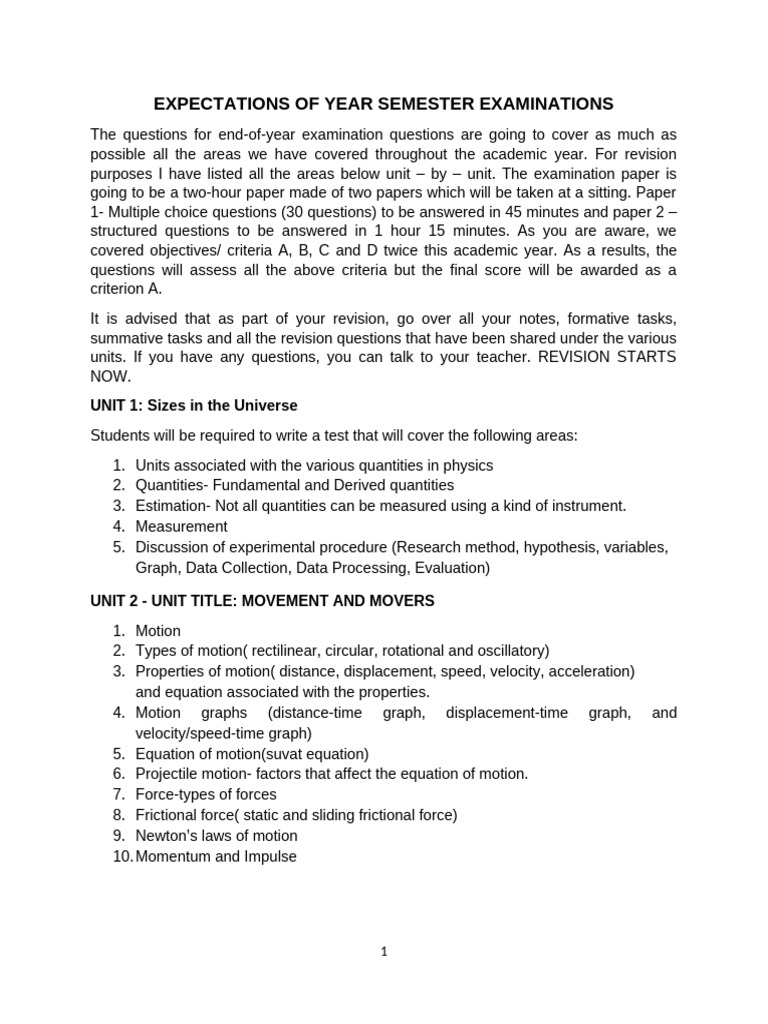 Expectations of End - Year Semester Examinations-Physics | PDF