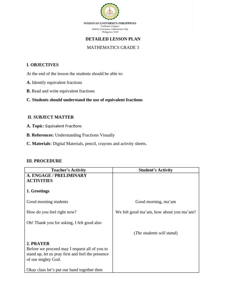 Detailed Lesson Plan Math 3 Equivalent Fractions | PDF