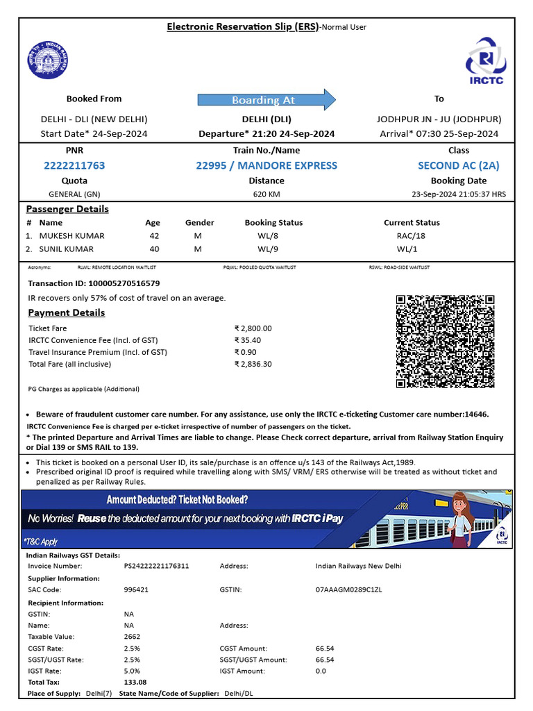 Mandore Express Second Ac (2A) : Electronic Reserva On Slip (ERS) | PDF