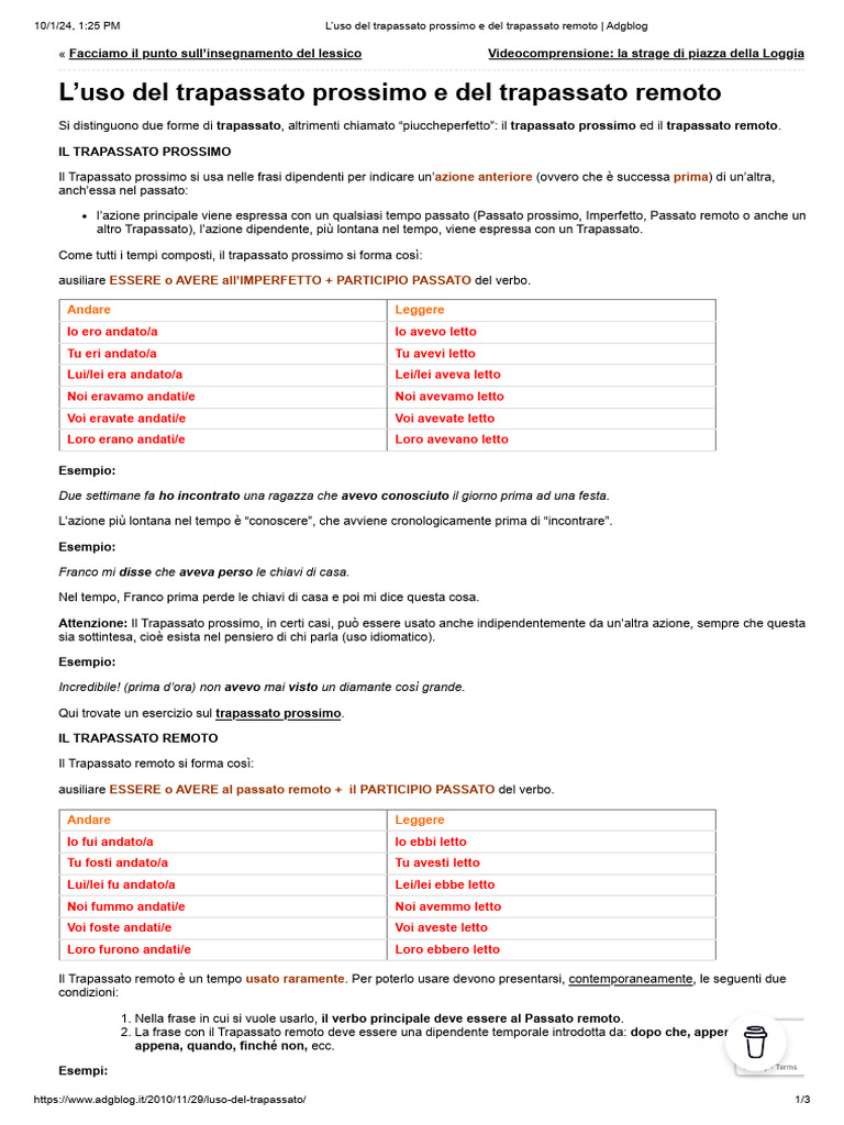 L'uso Del Trapassato Prossimo e Del Trapassato Remoto - Adgblog | PDF