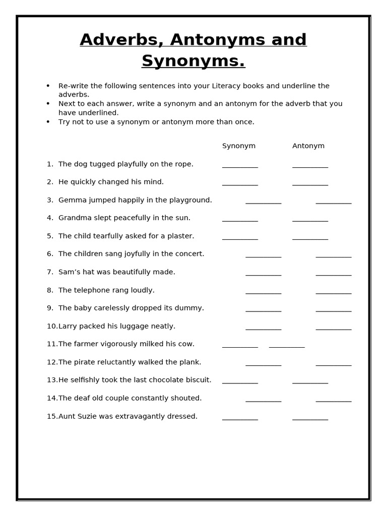 Adverbs, Antonyms and Synonyms. | PDF