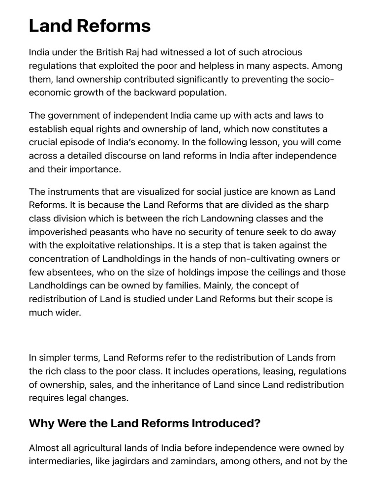 Objectives of Land Reforms in India | PDF | Leasehold Estate | Land Reform