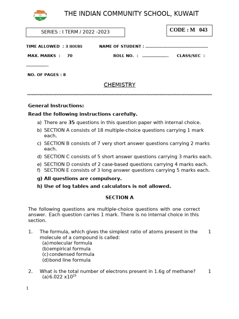 Class 11 1st Term QP 2022 | PDF