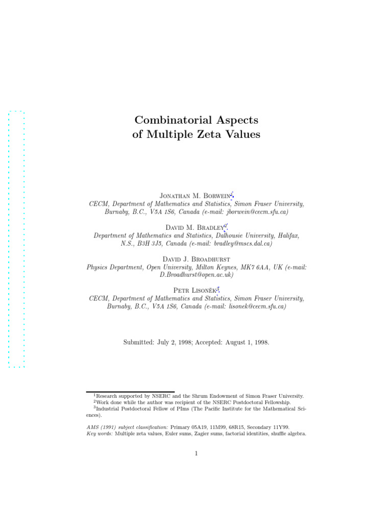 Combinatorial Aspects of Multiple Zeta Values: Jonathan M. Borwein | PDF