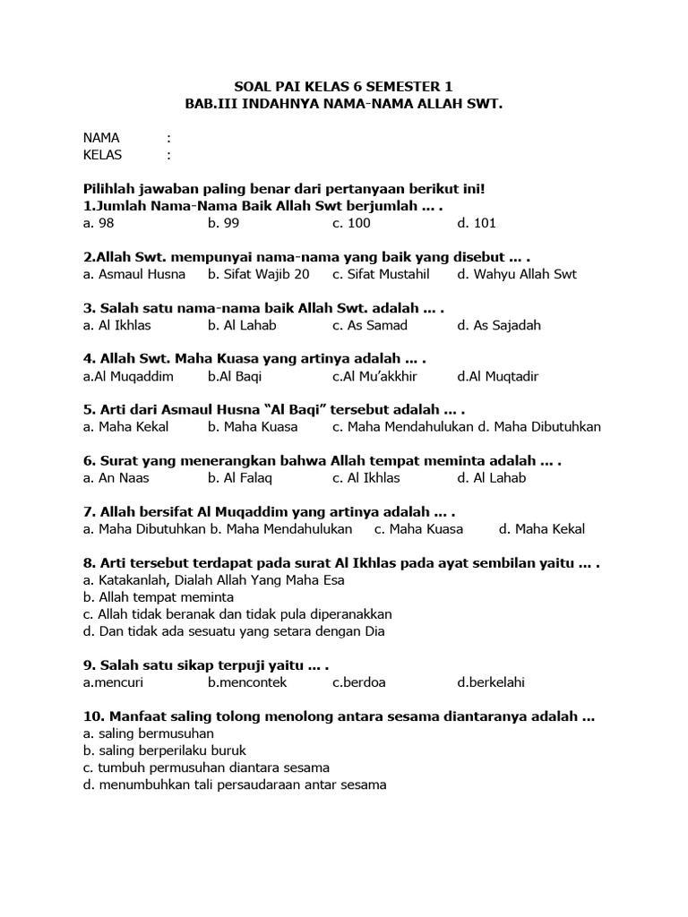 Soal Pai Kelas 6 Semester 1 | PDF