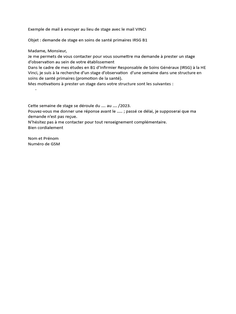 Exemple de Mail À Envoyer Au Lieu de Stage Avec Le Mail VINCI | PDF