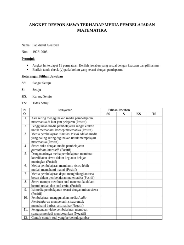 ANGKET RESPON SISWA TERHADAP MEDIA PEMBELAJARAN MATEMATIKA (Fatikhatul Awaliyah) | PDF
