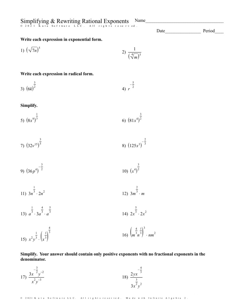 Simplifying - Rewriting Rational Exponents WS | PDF