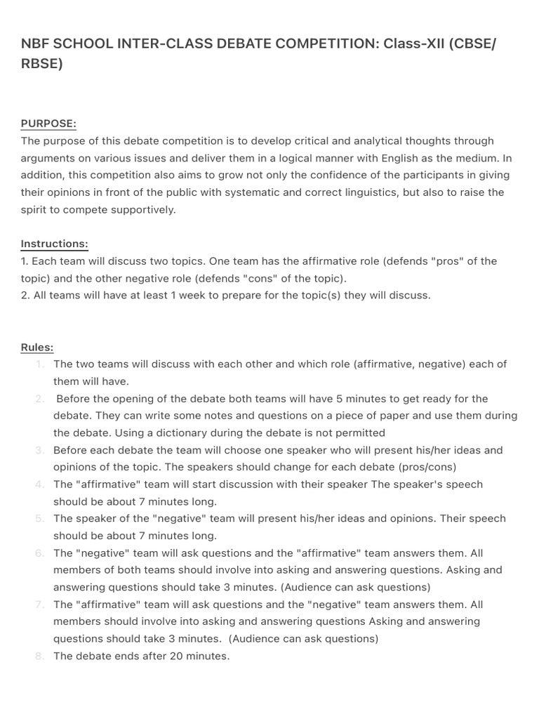 NBF SCHOOL INTER-CLASS DEBATE COMPETITION Class-XII (CBSE/RBSE | PDF