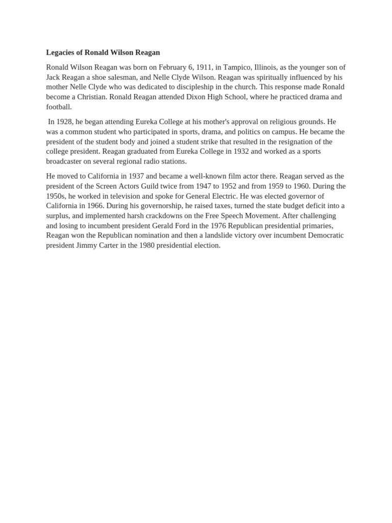 Ronald Wilson Reagan Legacy | PDF