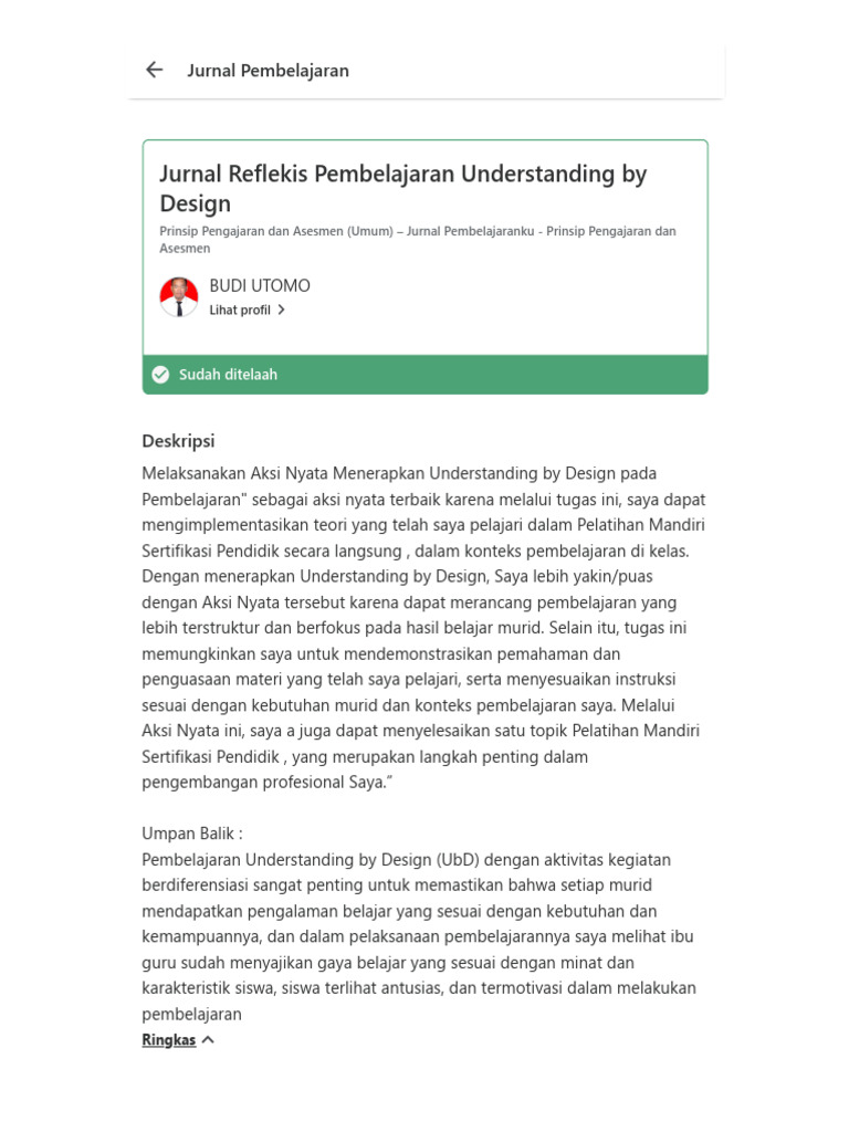 Guru Mengajar - Aksi Nyata Jurnal Reflekis Pembelajaran Understanding by Design | PDF