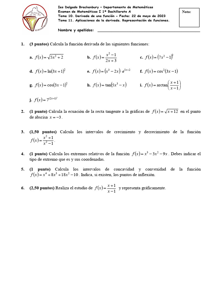Solución Del Examen 8 - Temas 10 y 11 Derivadas y Aplicaciones | PDF