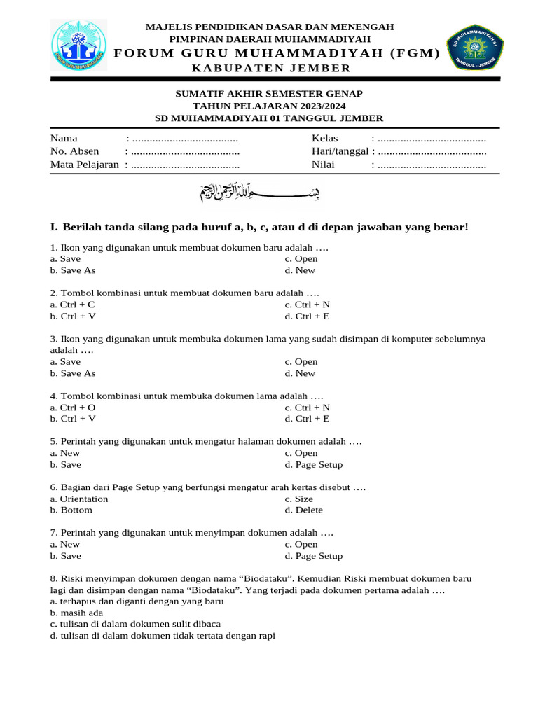 Naskah Soal Sas Kelas 4 SMT 2 2023-2024 | PDF