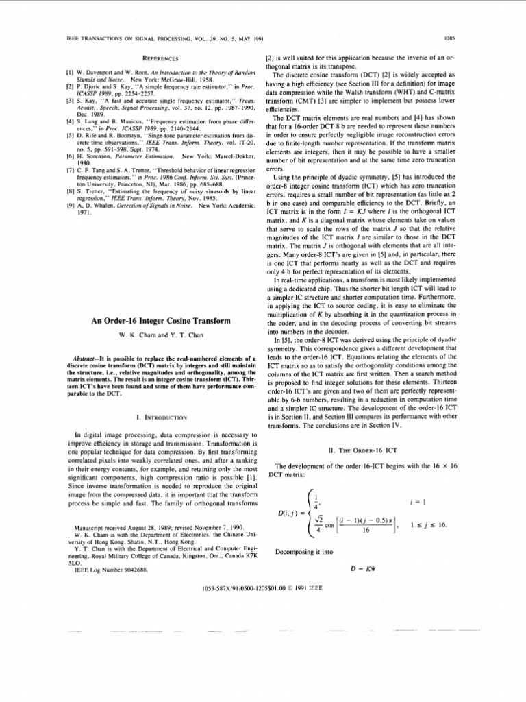 An Order-16 Integer Cosine Transform: Ieee Transactions On Signal ...