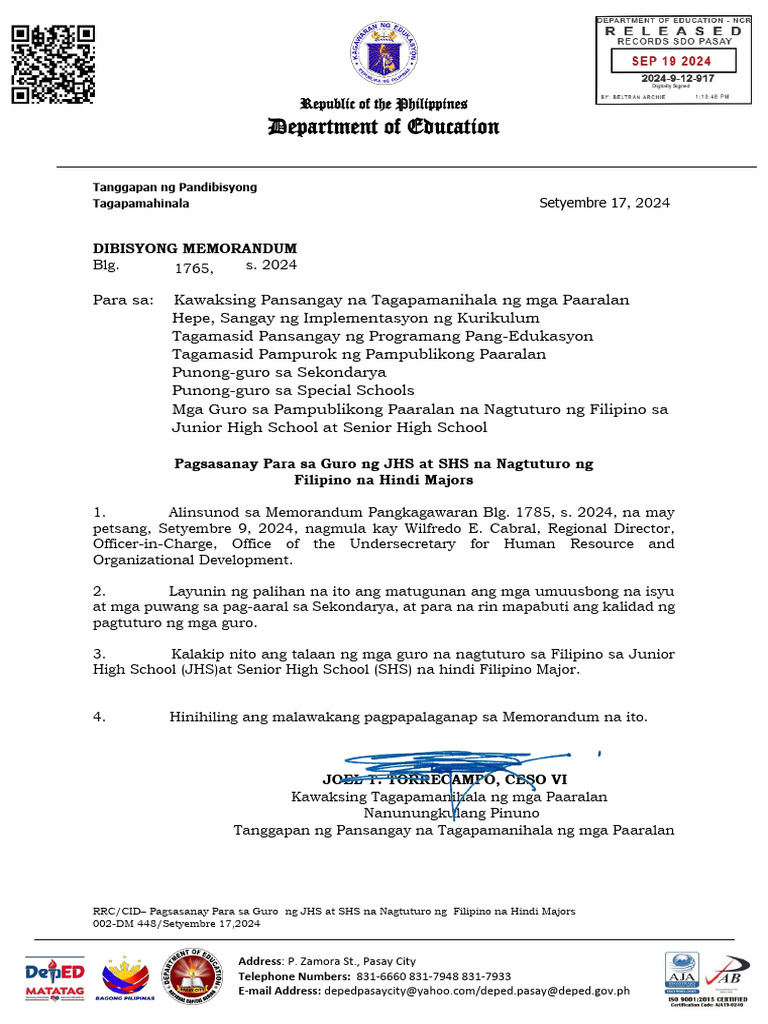 Division Memorandum No. 1765, S. 2024 - Pagsasanay para Sa Guro NG JHS ...