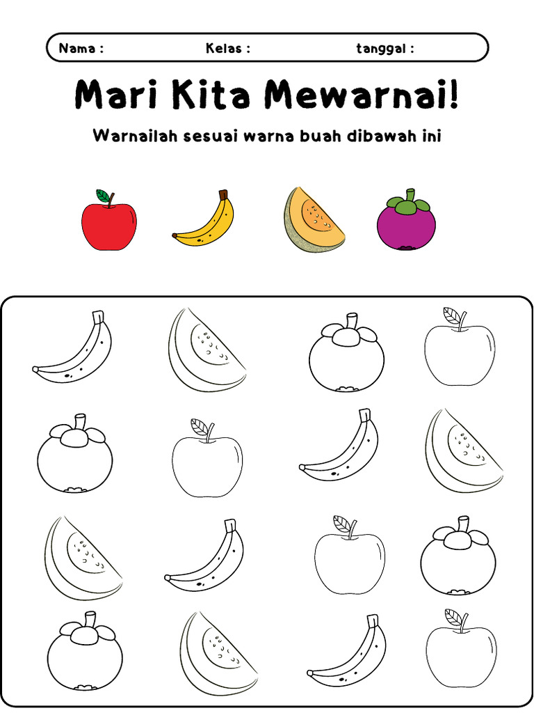 Hitam Dan Putih Ilustratif Lembar Kerja Mewarnai Buah-Buahan | PDF