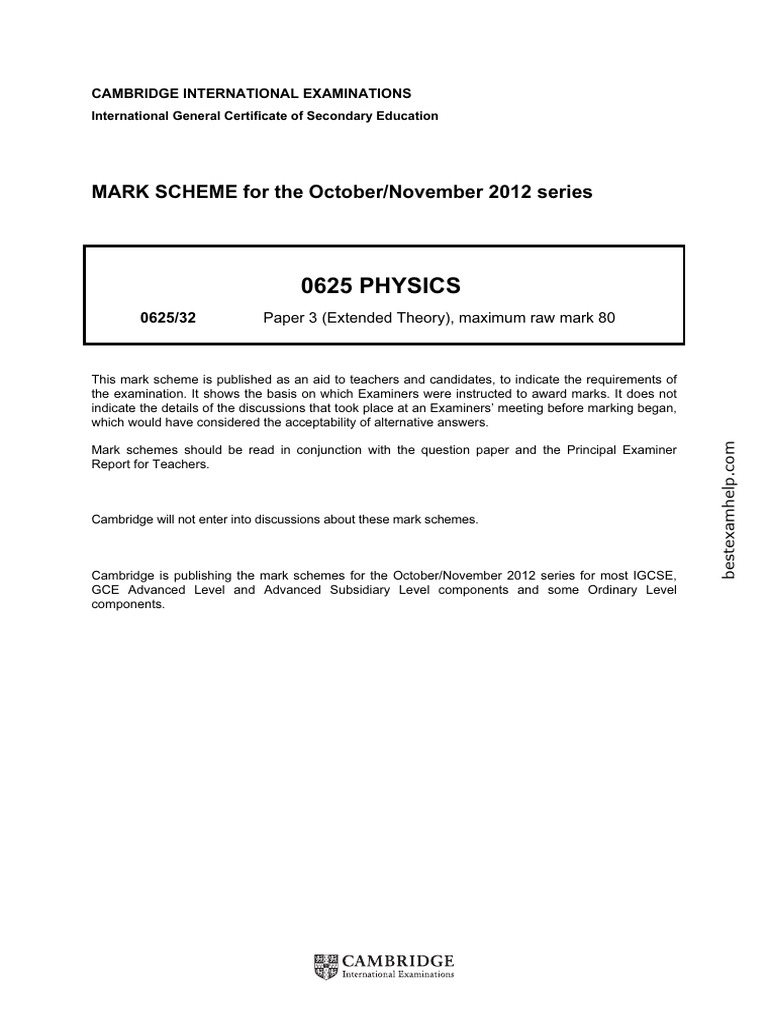 0625 PHYSICS: MARK SCHEME For The October/November 2012 Series | PDF