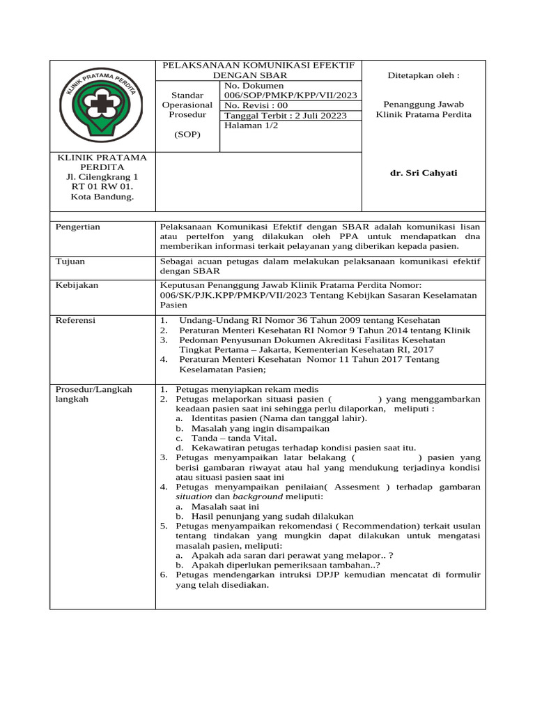 Sop Pelaksanaan Komunikasi Efektif Dengan Sbar | PDF