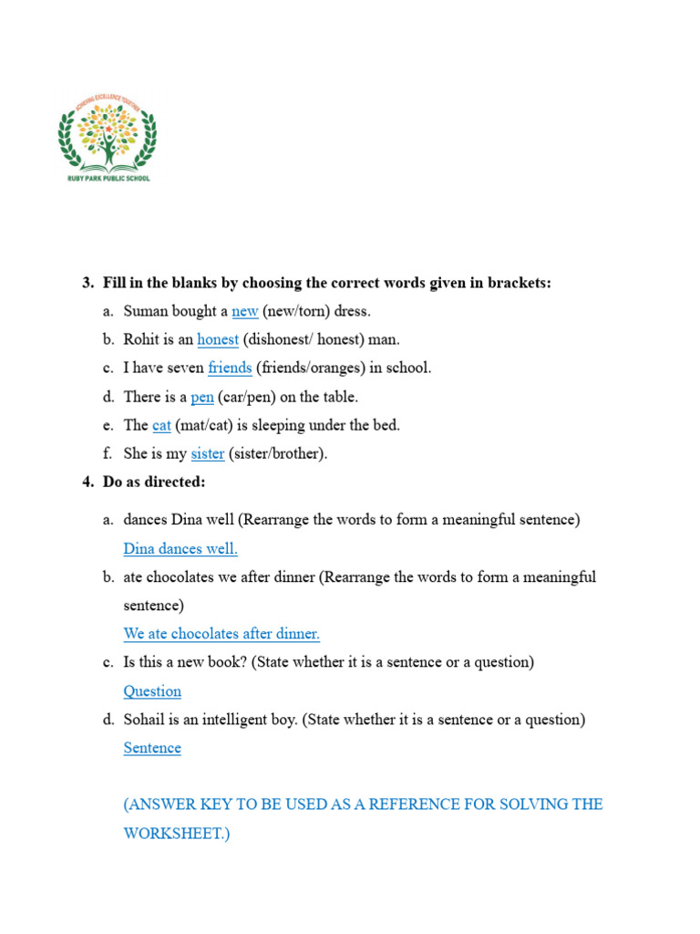 English (Class 2) Answer Key of Revision Worksheet 1 | PDF