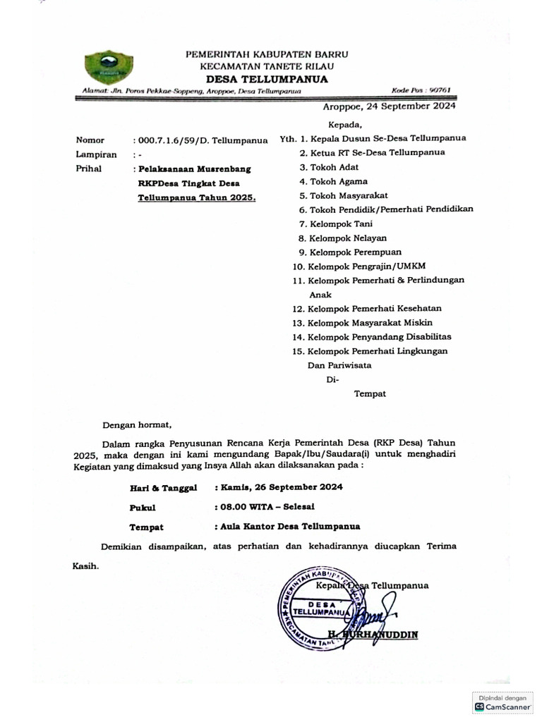 Undangan Musrenbang RKPDesa Tingkat Desa Tellumpanua Tahun 2025 | PDF