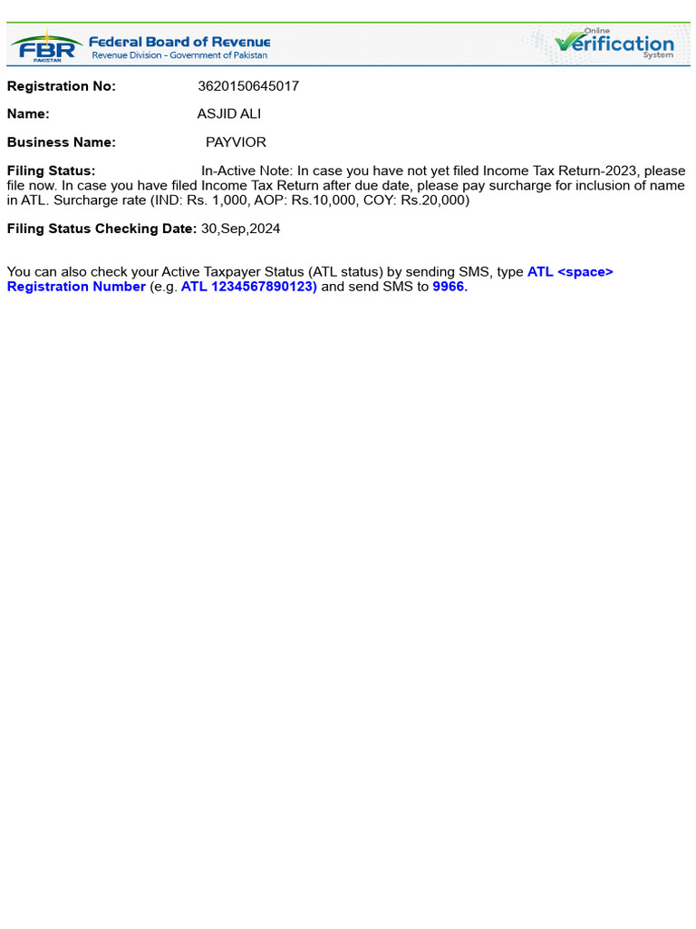 Registration No: Name: Business Name: Filing Status:: ATL Registration ...