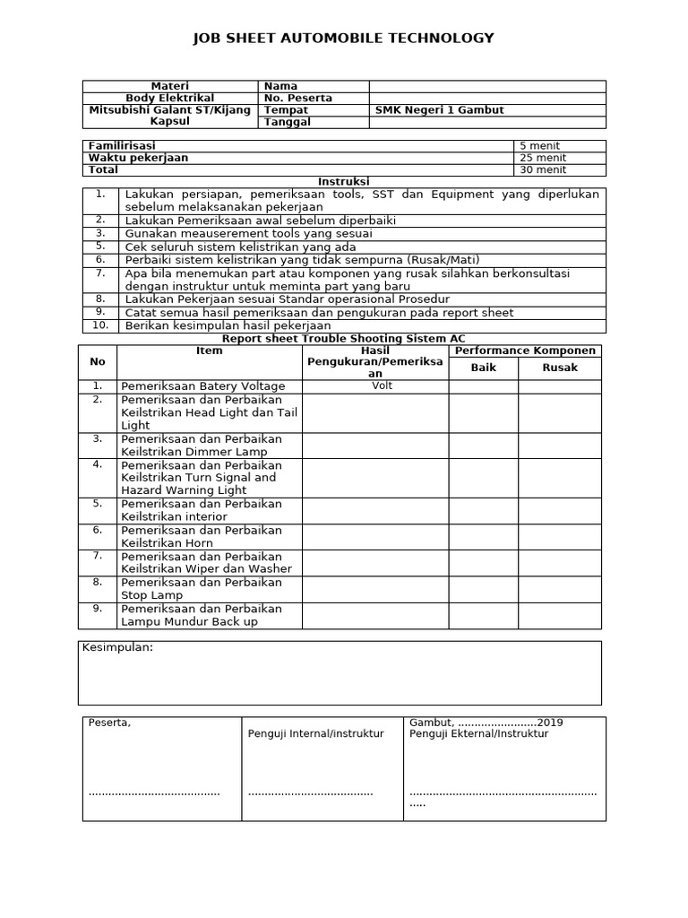 Job Sheet Body Elektrikal Toyota Avanza | PDF
