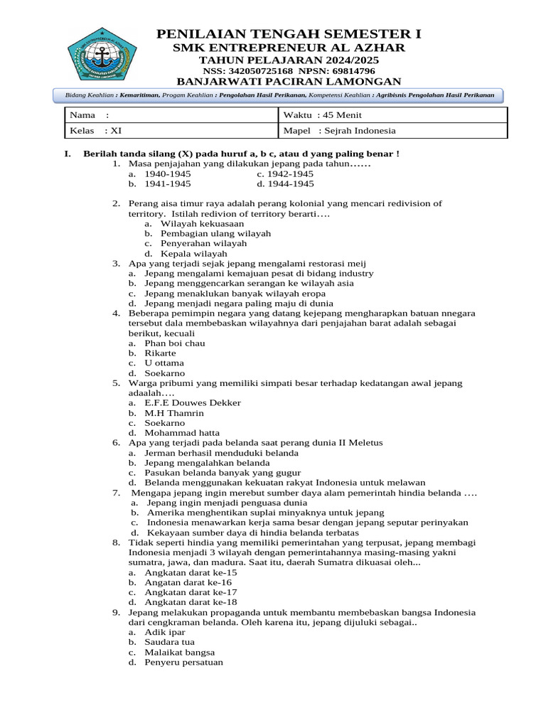 Kop Soal PTS SJRH Xi SMK | PDF