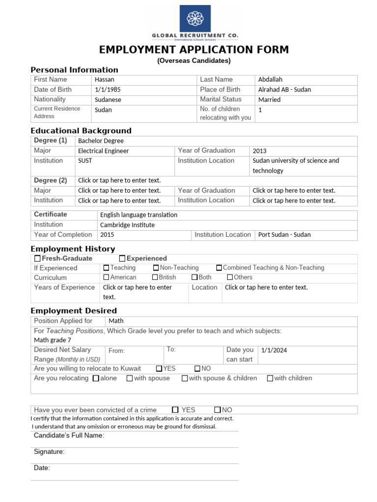 Overseas Job Application Form | PDF