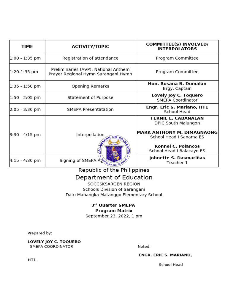 3rd Quarter SMEPA Program Matrix | PDF