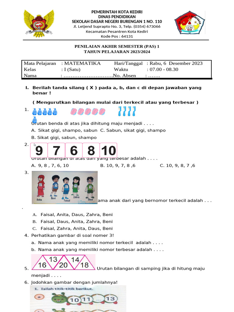 Kls 1 Soal Matematika Sumatif 1 Ta. 2023-2024 | PDF