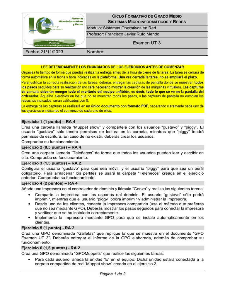Examen UT 3 | PDF