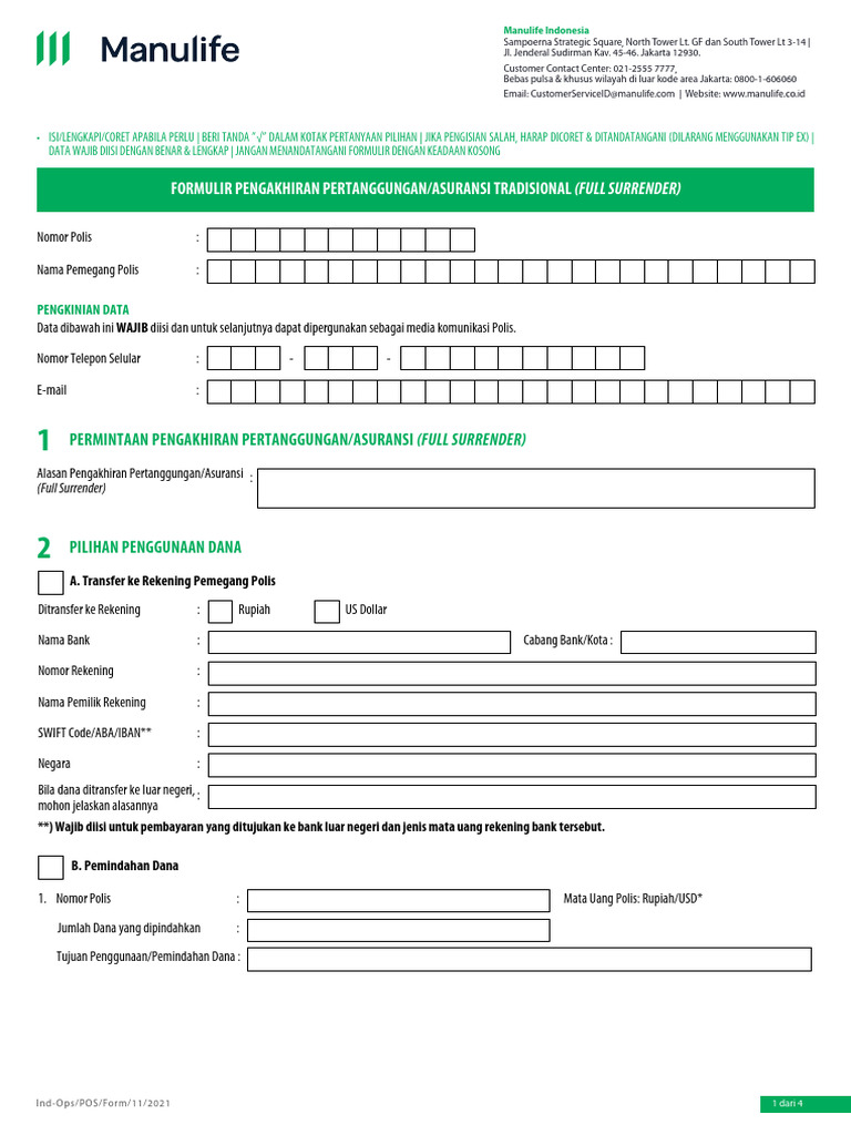 Formulir Pengakhiran Pertanggungan Asuransi Tradisional (Full Surrender) | PDF