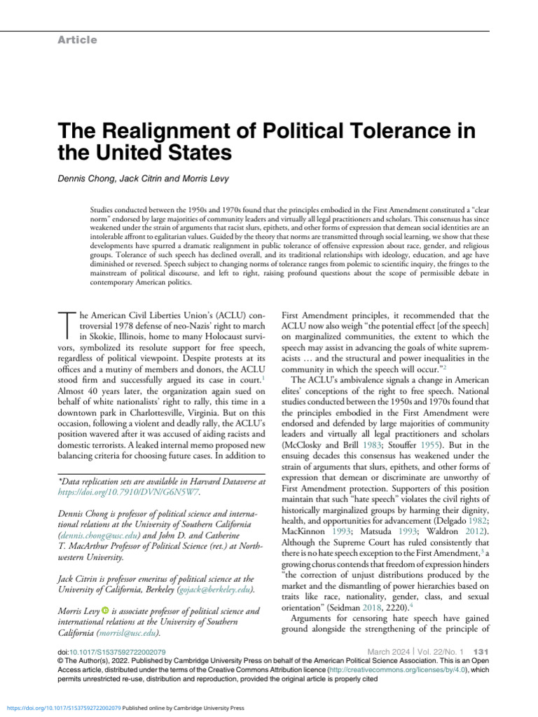 Realignment of Political Tolerance in The United States | PDF