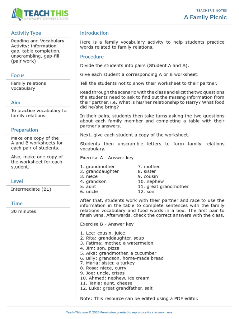 Family Vocabulary Practice | PDF | Foods