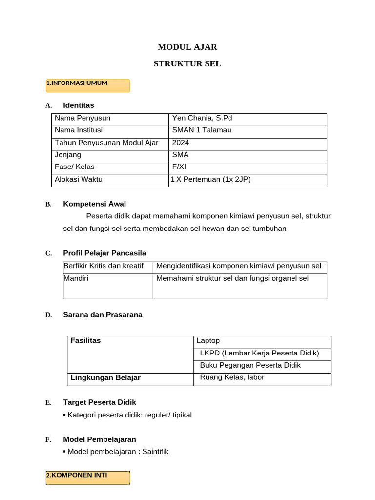 Modul Ajar 1 Struktur Sel | PDF