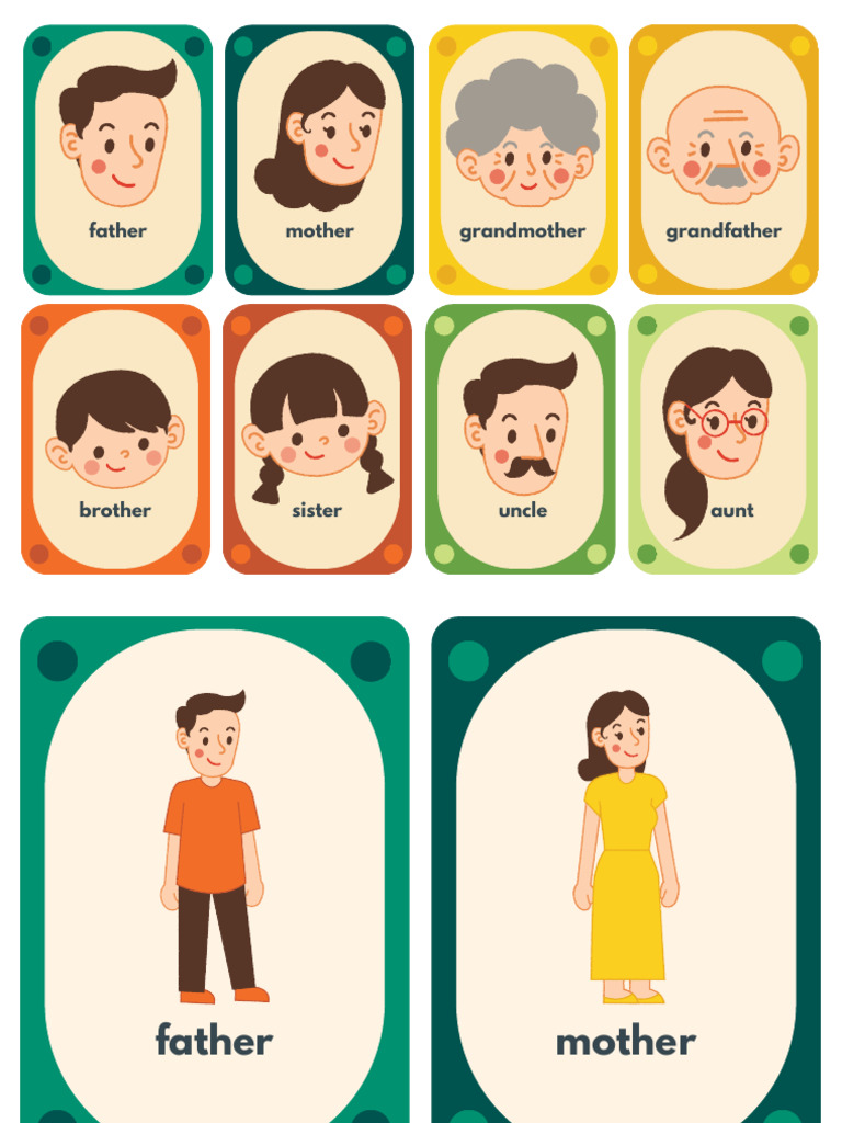 Family Flashcards in Red and Green Cartoon Style | PDF