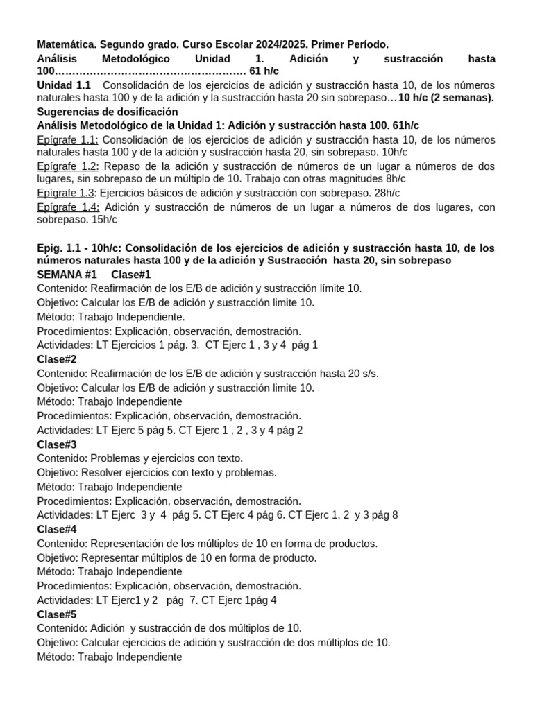 IMPRIMIR 2do Grado Matemática Análisis Metodológico Unidad 1 Curso 2024 ...