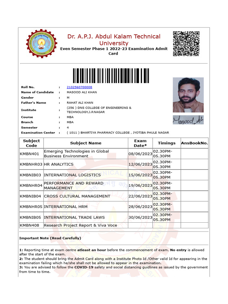 AKTU Admit Card | PDF