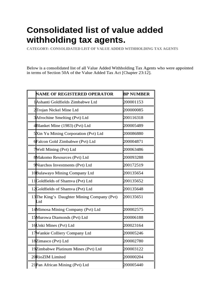 Value Added Tax Agents List Zimbabwe | PDF | Mining | Taxes