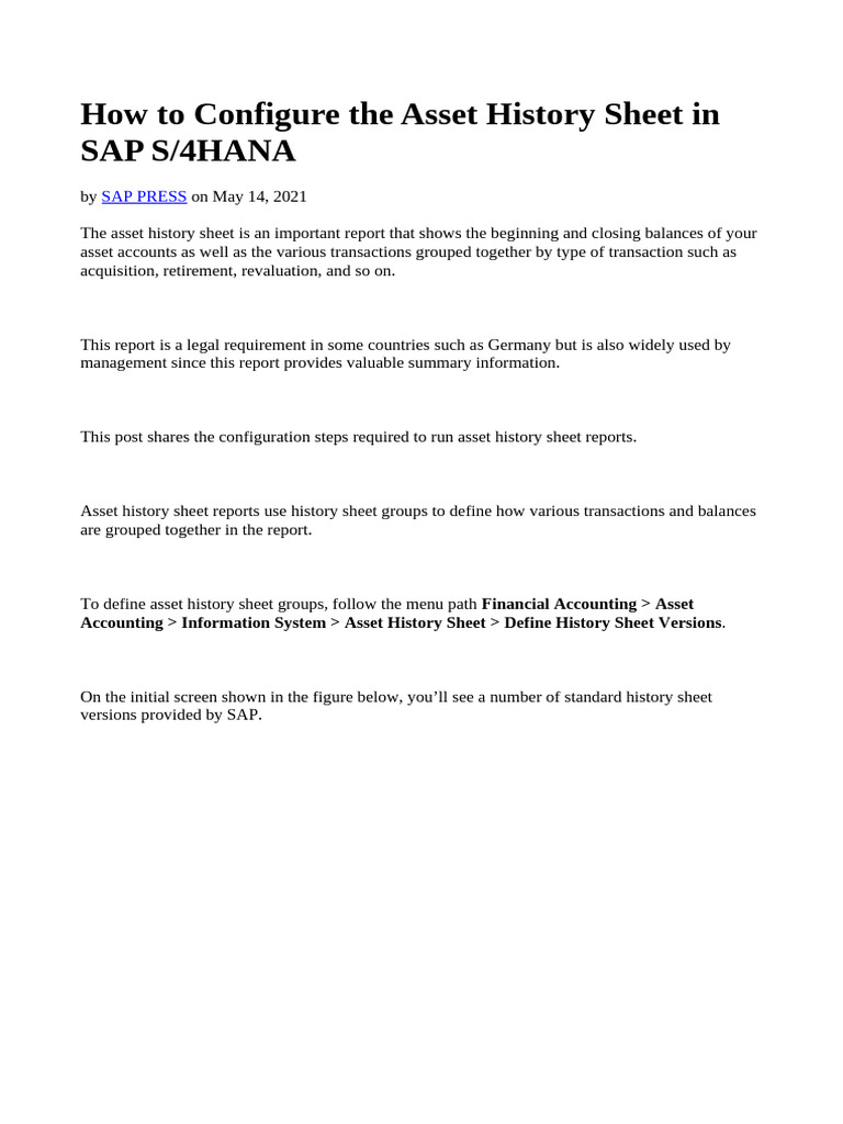 How To Configure The Asset History Sheet in SAP S4HANA | PDF