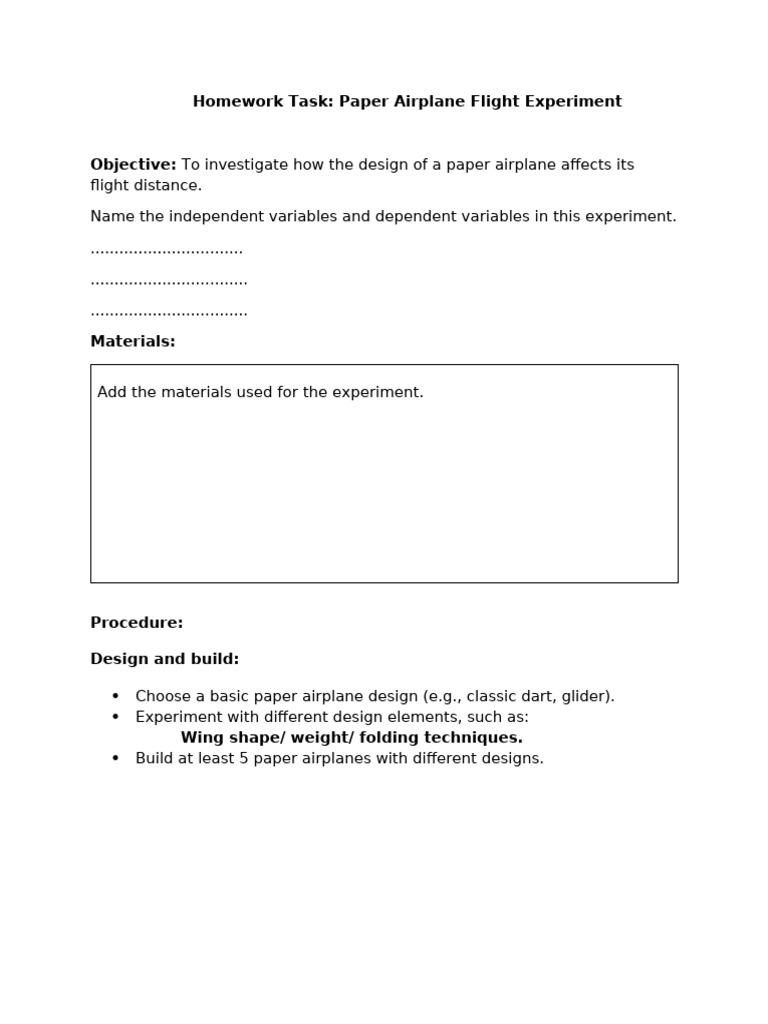 Toddle - Homework Task Paper Airplane Flight Experiment | PDF