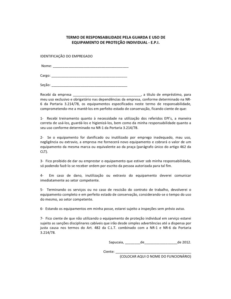 Termo de Responsabilidade Pela Guarda e Uso de Epi | PDF