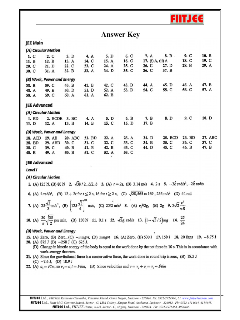 CPP - Circular Motion, Work, Powr and Energy Answer | PDF