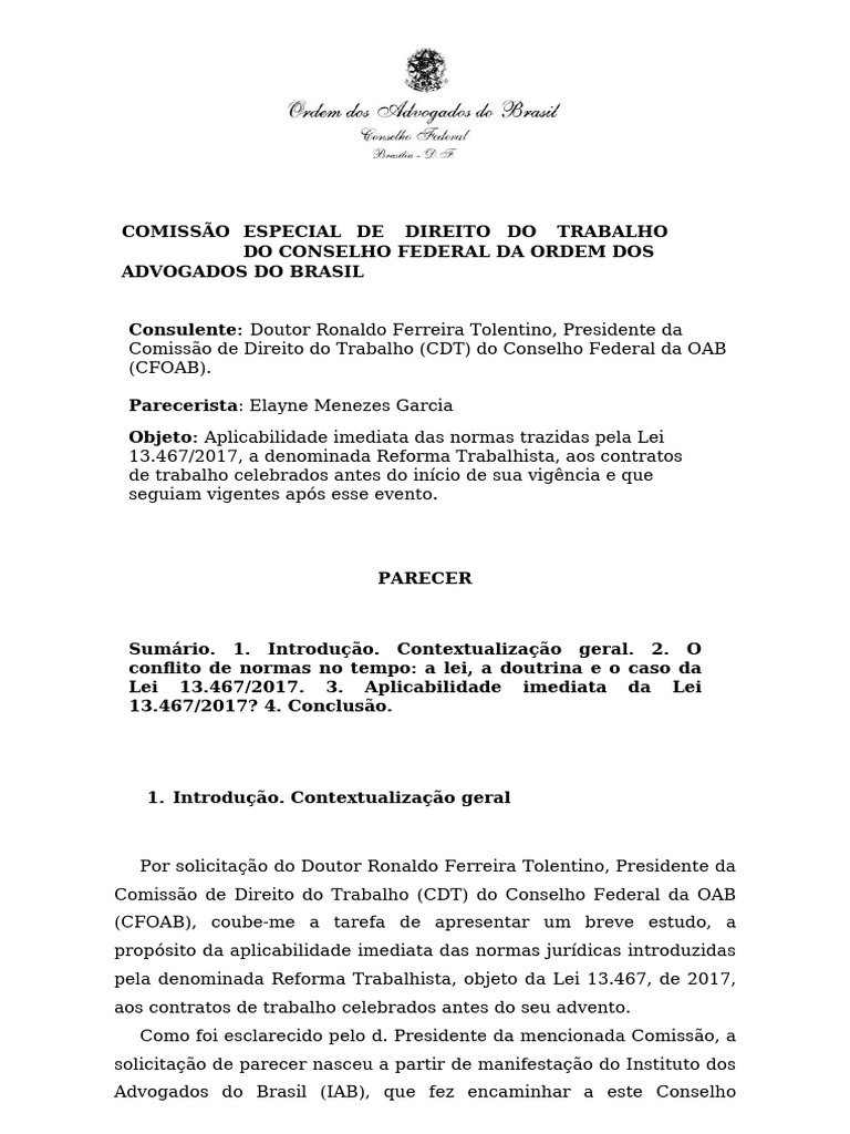 Parecer - Conflito de Leis No Tempo - Elayne Garcia | PDF