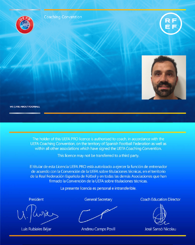 Royal Spanish Football Federation UEFA PRO License: Samso Besora Albert ...
