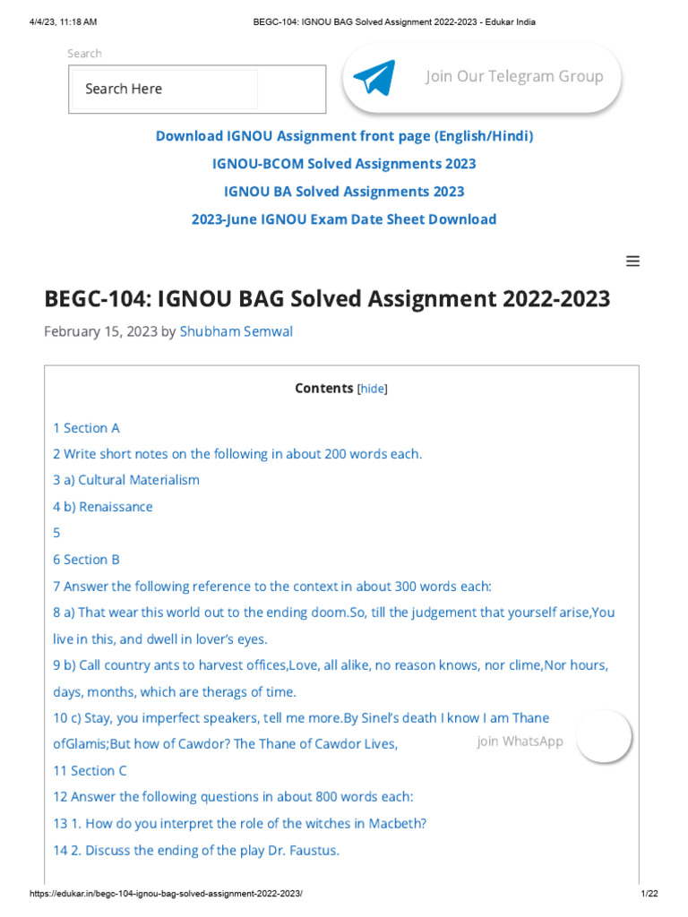 BEGC-104 - IGNOU BAG Solved Assignment 2022-2023 - Edukar India | PDF