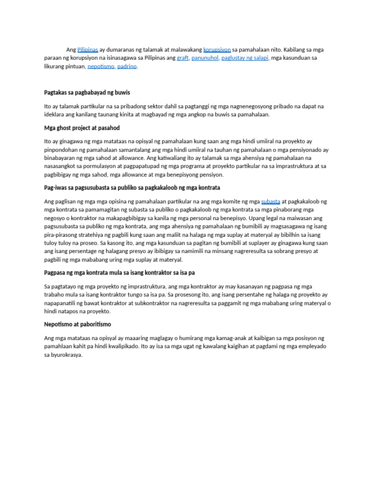 Pilipinas Korupsiyon Graft Panunuhol Paglustay NG Salapi Nepotismo ...