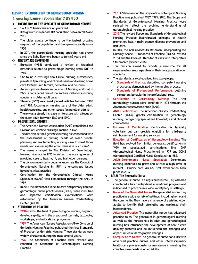 Lesson 1 Introduction To Gerontologic Nursing PDF | PDF